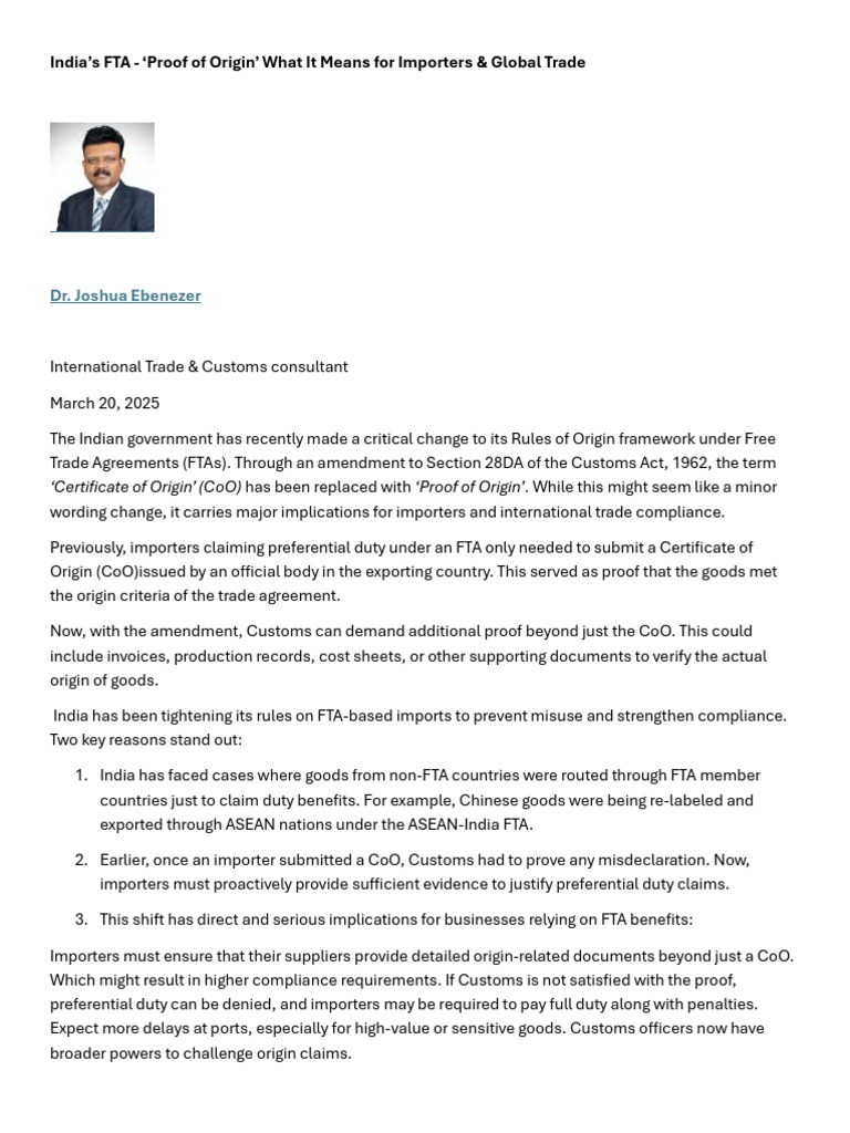 FTA - Proof of Origin' What It Means For Importers & Global Trade | PDF ...