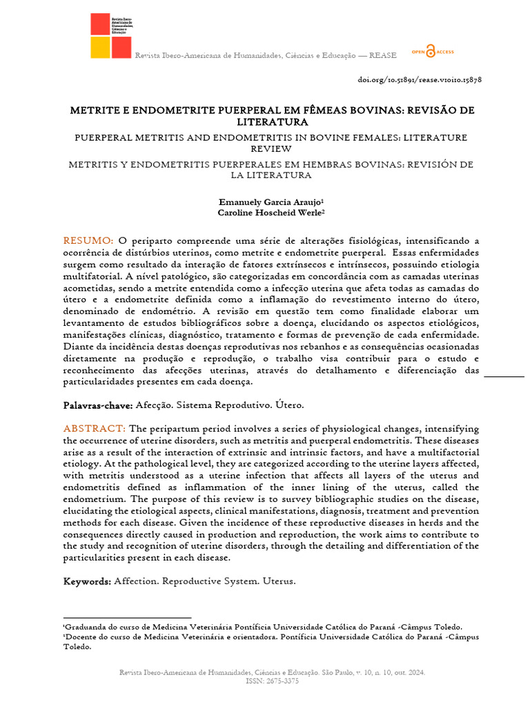 Metrite e Endometrite em Bovinas: Revisão | PDF | Parto | Gravidez