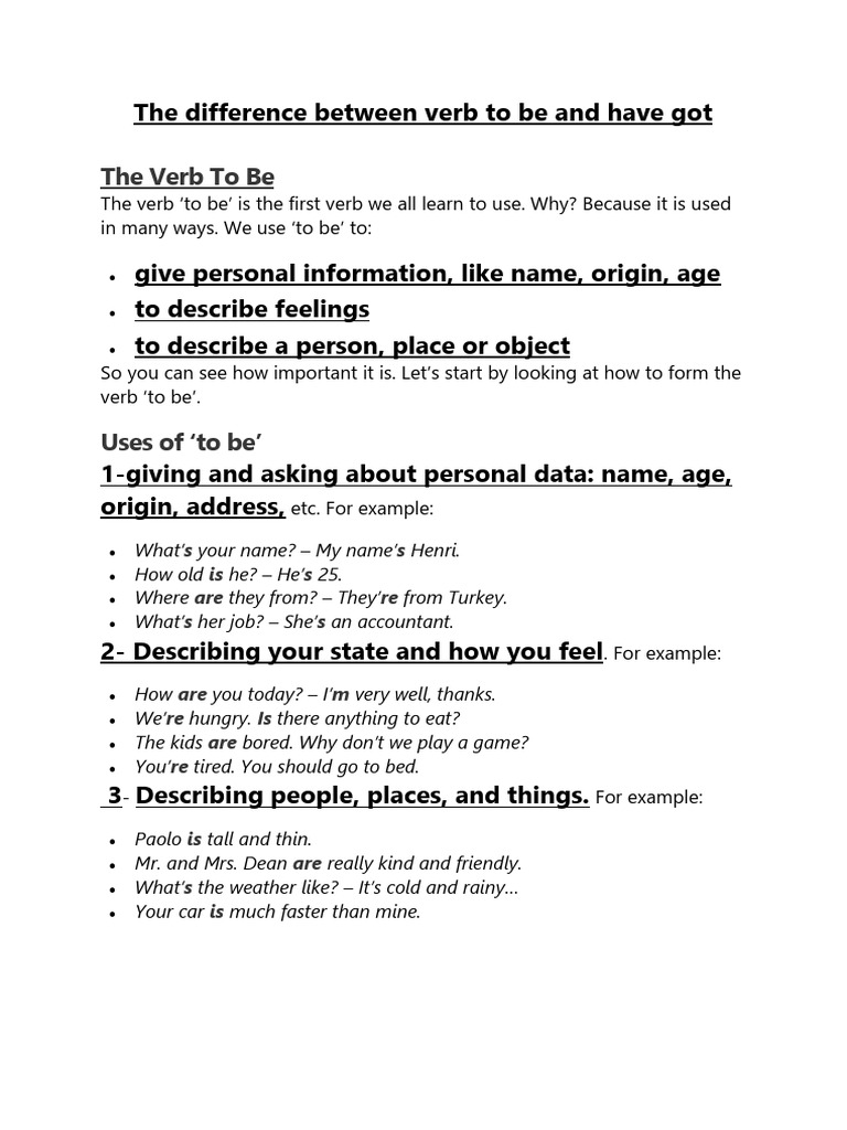 The Difference Between Verb To Be and Have Got | PDF