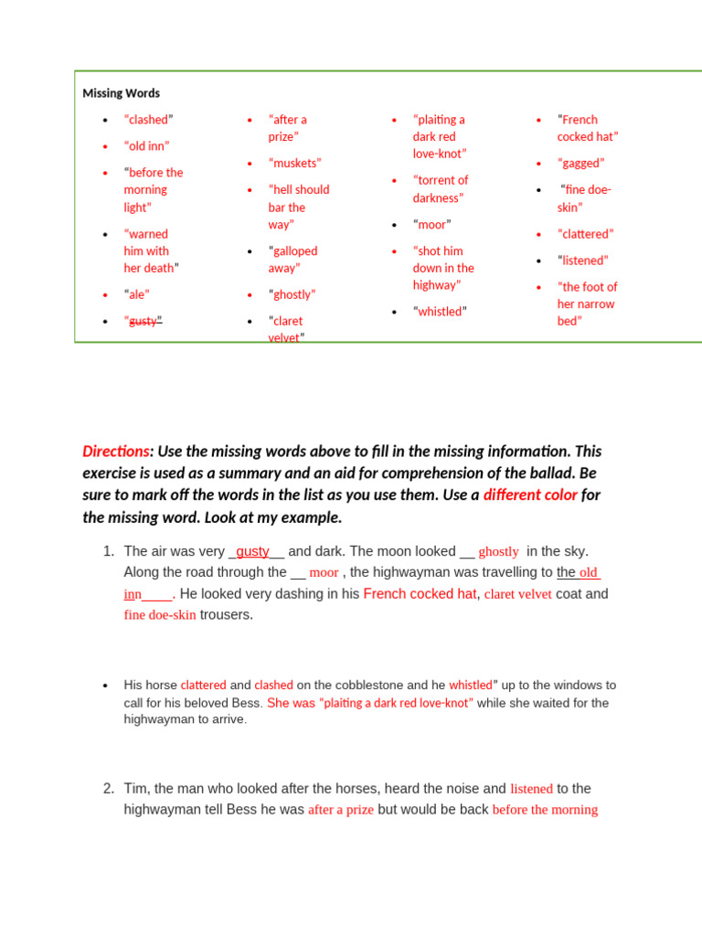 Highwayman Summary Excerise | PDF