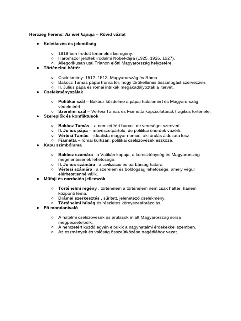 Herczeg Ferenc - Az Élet Kapuja - Rövid Vázlat | PDF