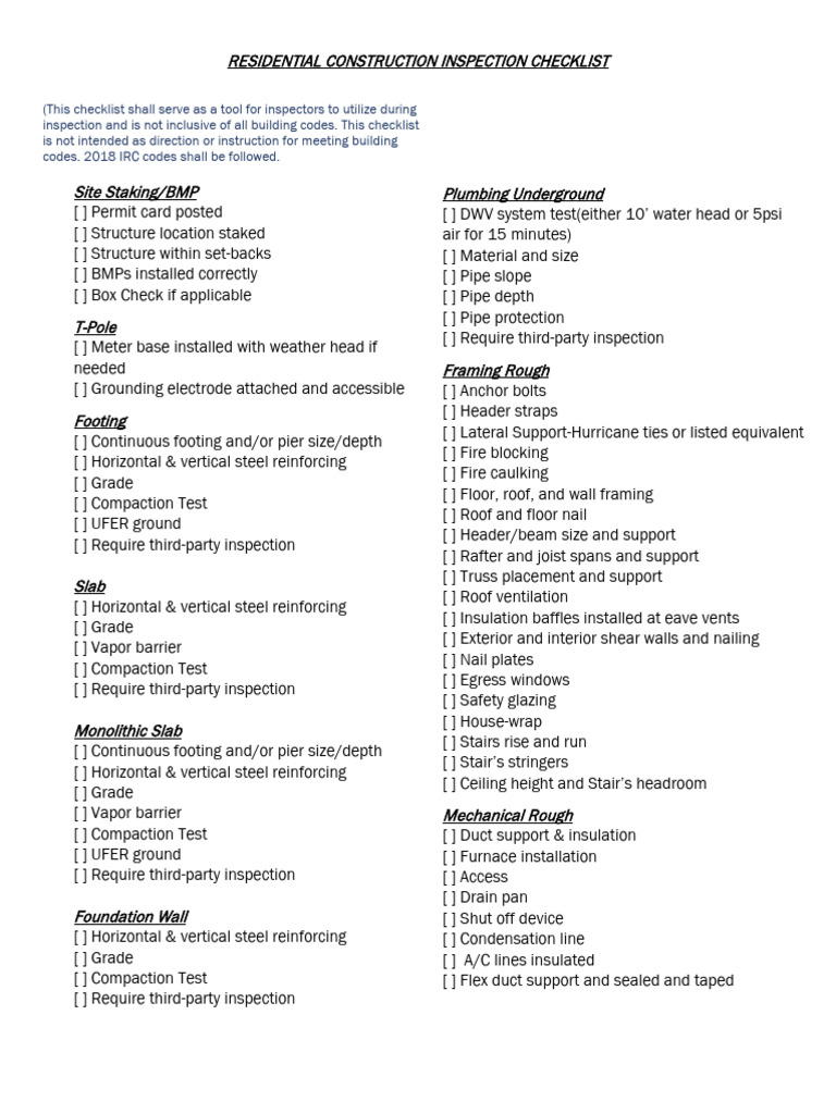 Residential Inspection Checklist (PDF) | PDF | Framing (Construction ...