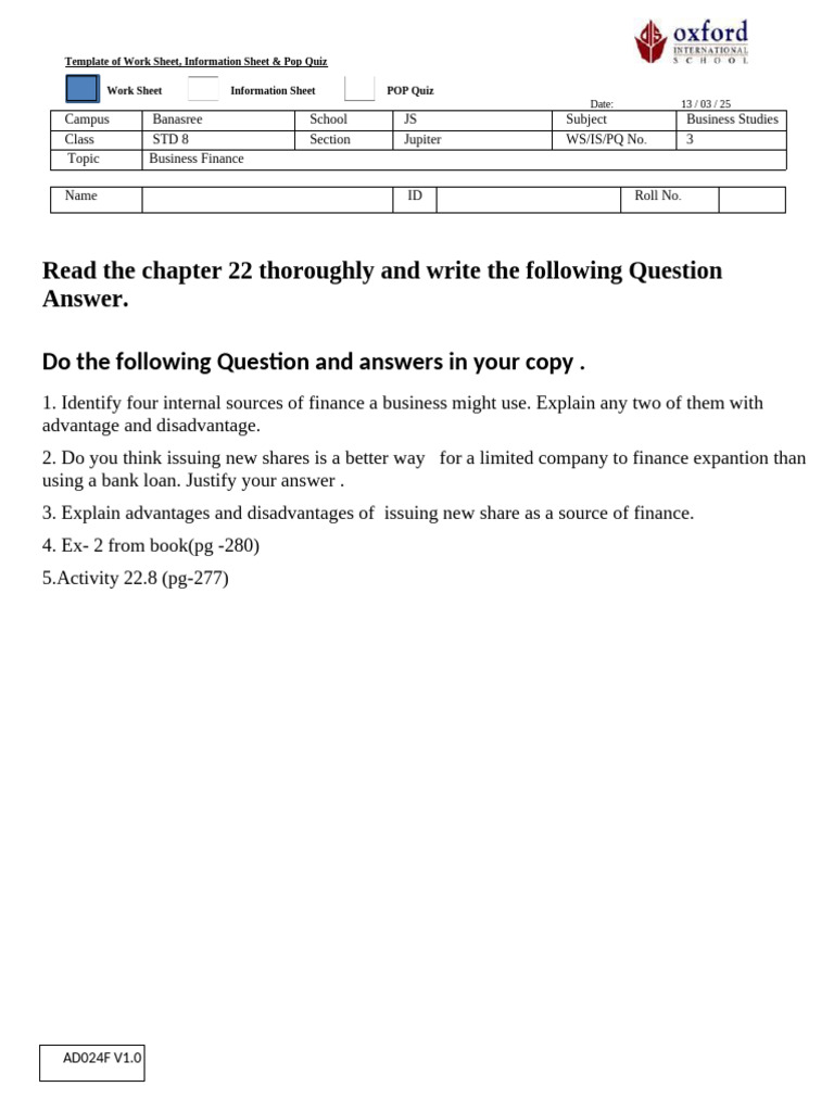 Business Finance Worksheet for Std 8 | PDF