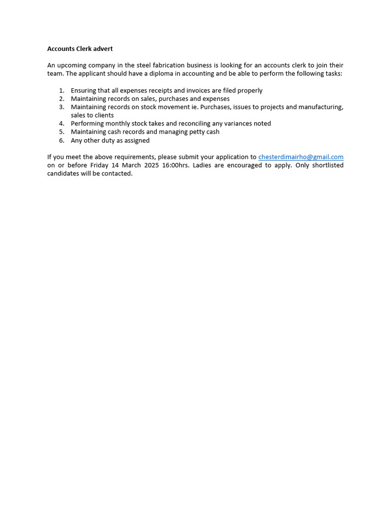 Accounts Clerk Advert | PDF