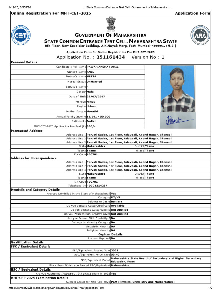 MHT-CET 2025 Online Registration Form | PDF | University And College ...