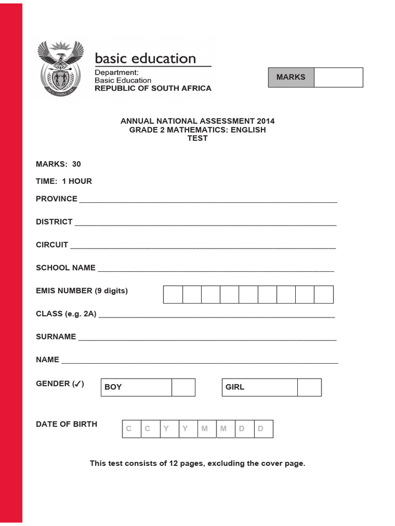 2014 ANA Grade 2 English Mathematics | PDF