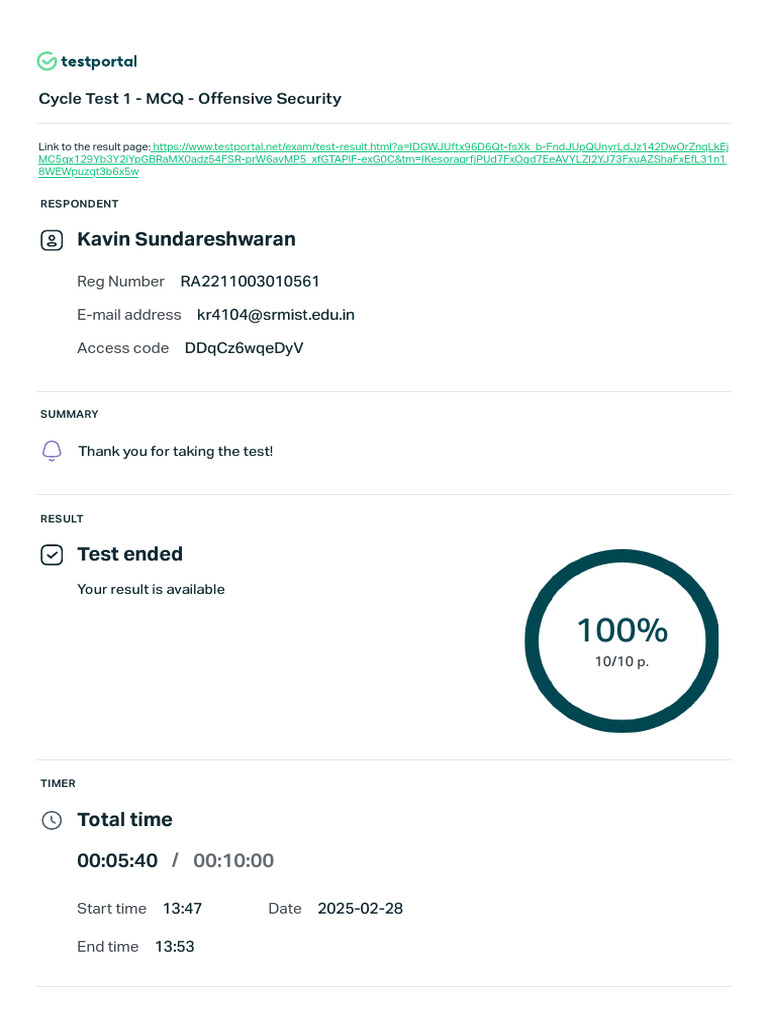 Cycle Test 1 - MCQ - Offensive Security - Test Summary | PDF