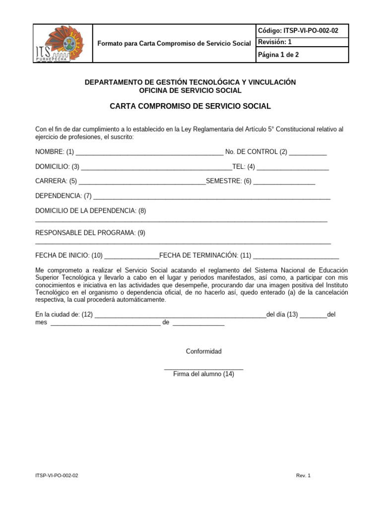 Carta Compromiso Servicio Social ITSP | PDF | Gobierno