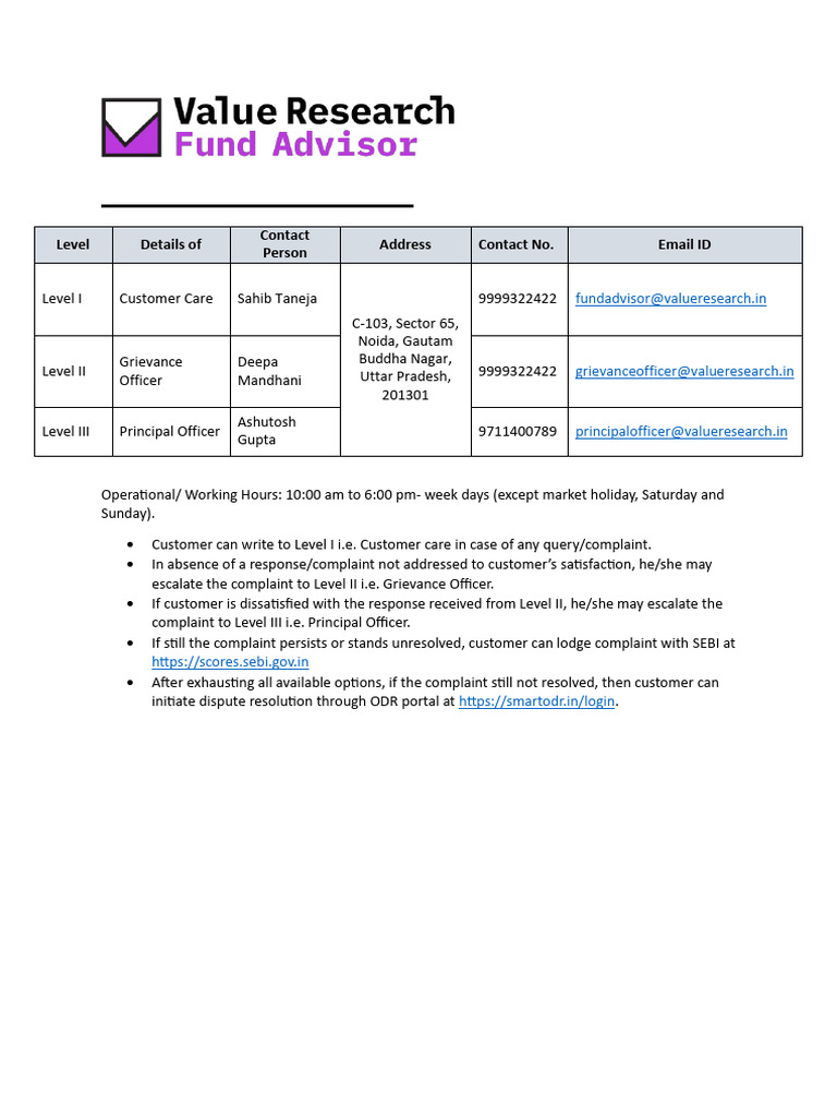 Grievance Escalation Matrix Fund Advisor Updated | PDF
