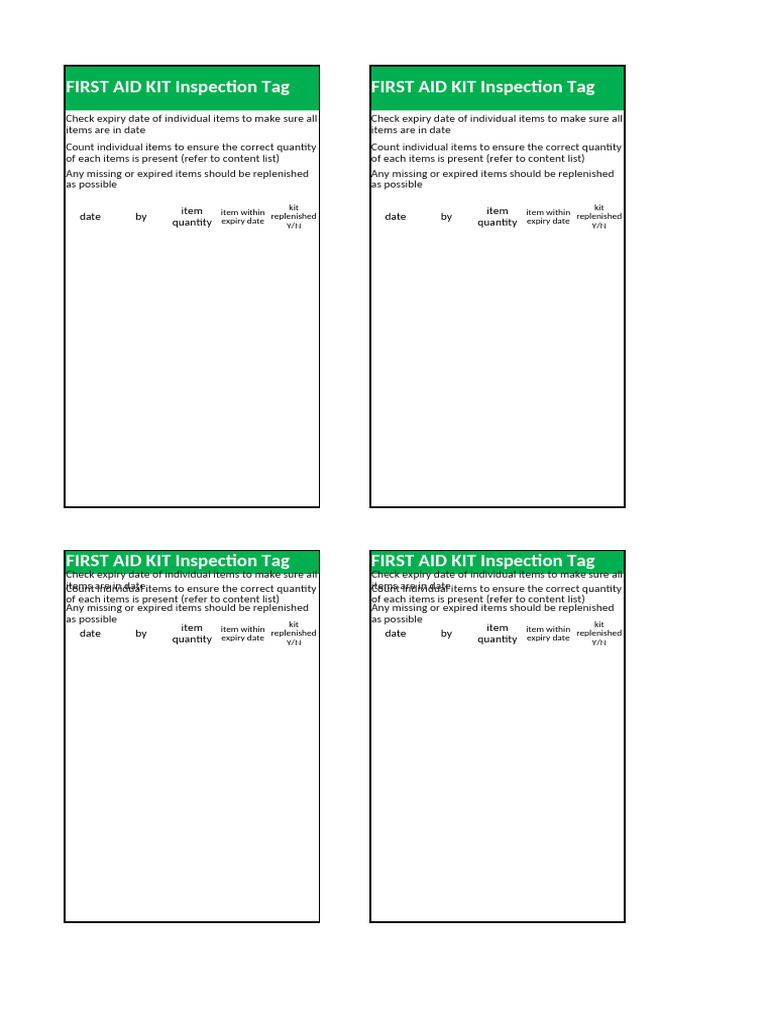 First Aid Kit Inspection Tag Template | PDF | Malnutrition | Food Preparation