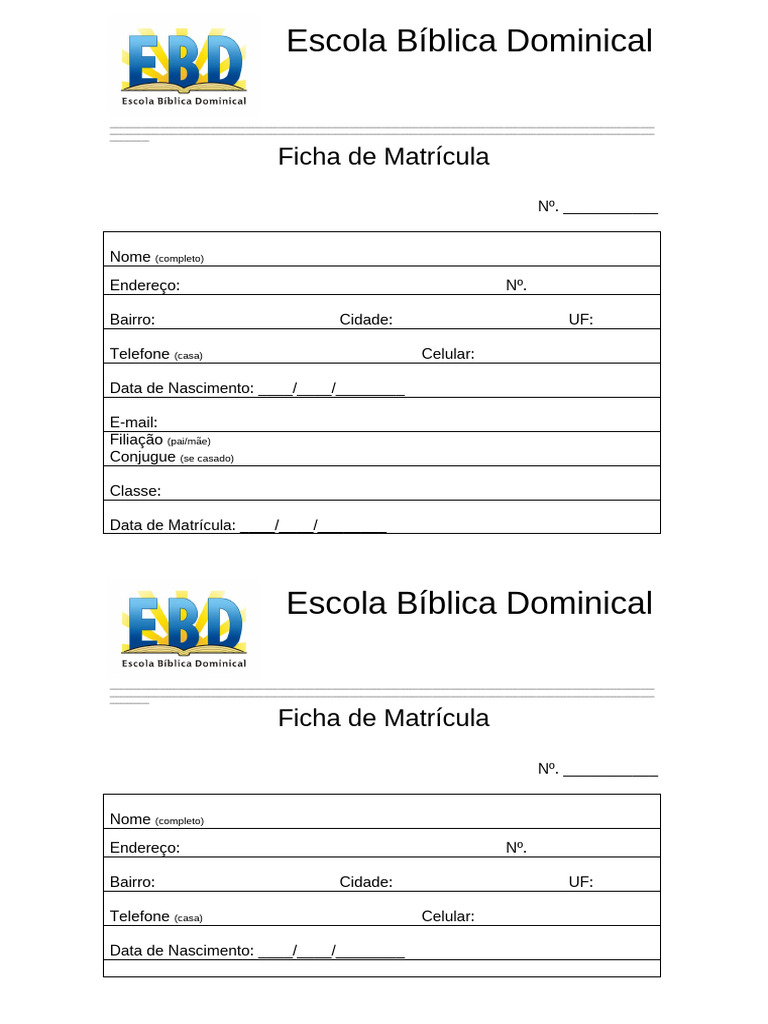 Ficha De Matricula Ebd Pdf Instituições Educacionais