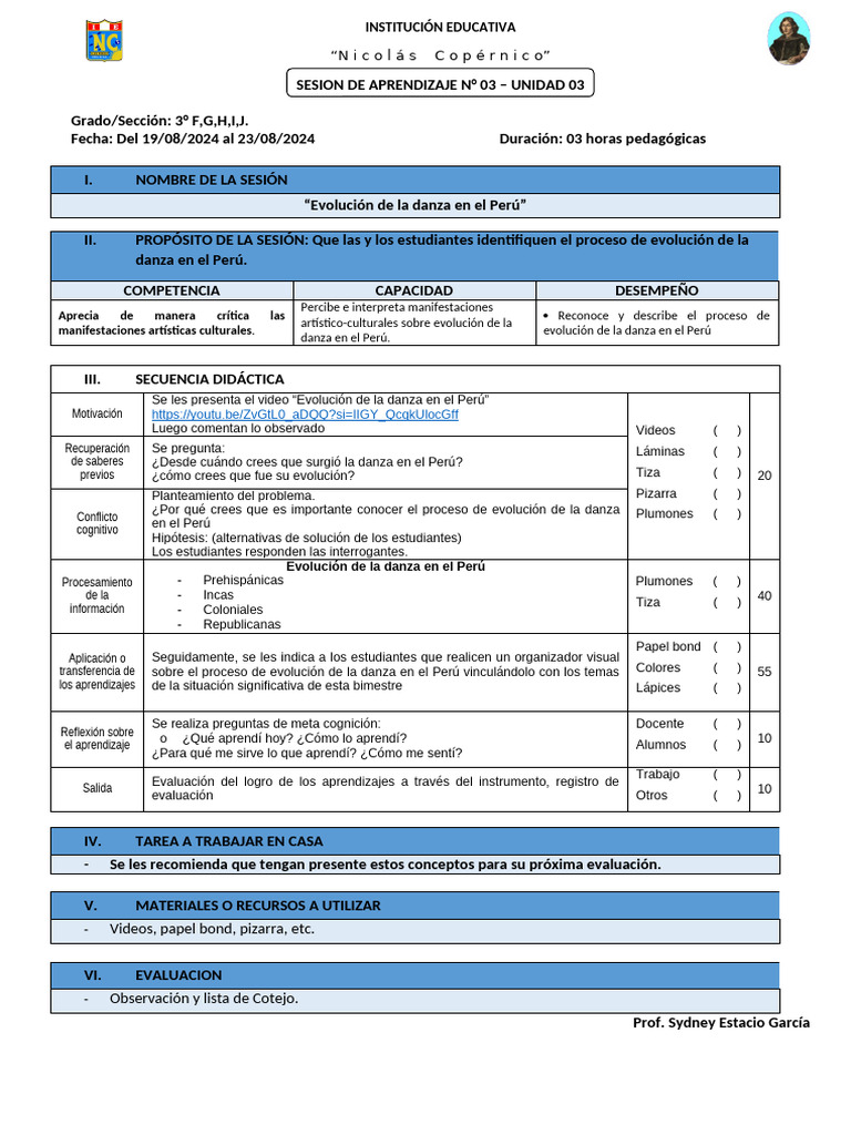 Sesión 03 Danza 3er Grado 2024 Pdf Bailes Perú