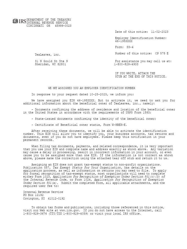 TeaLeaves-ein-confirmation-letter | PDF | 501(C) Organization ...