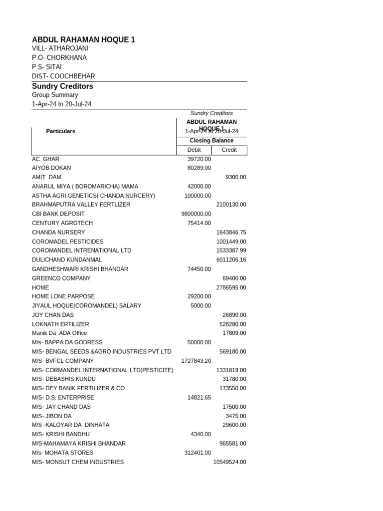 Sundry Creditors Summary Report | PDF