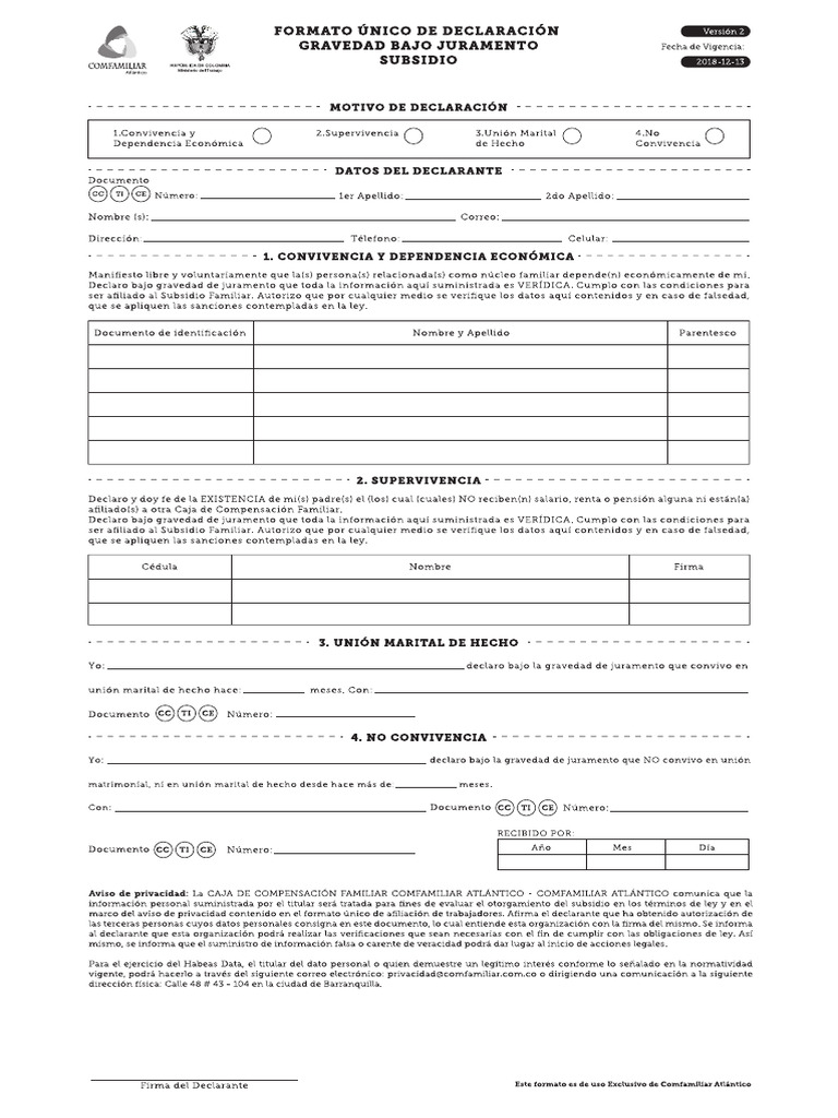 Formato Unico de Declaracion Subsidio | PDF