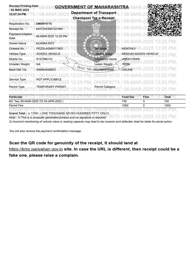 Maharashtra Checkpost Tax e-Receipt | PDF | Payments