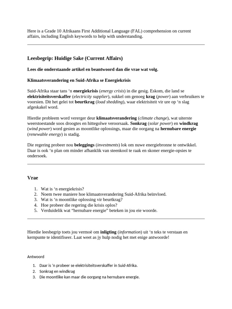 Here Is A Grade 10 Afrikaans First Additional Language | PDF