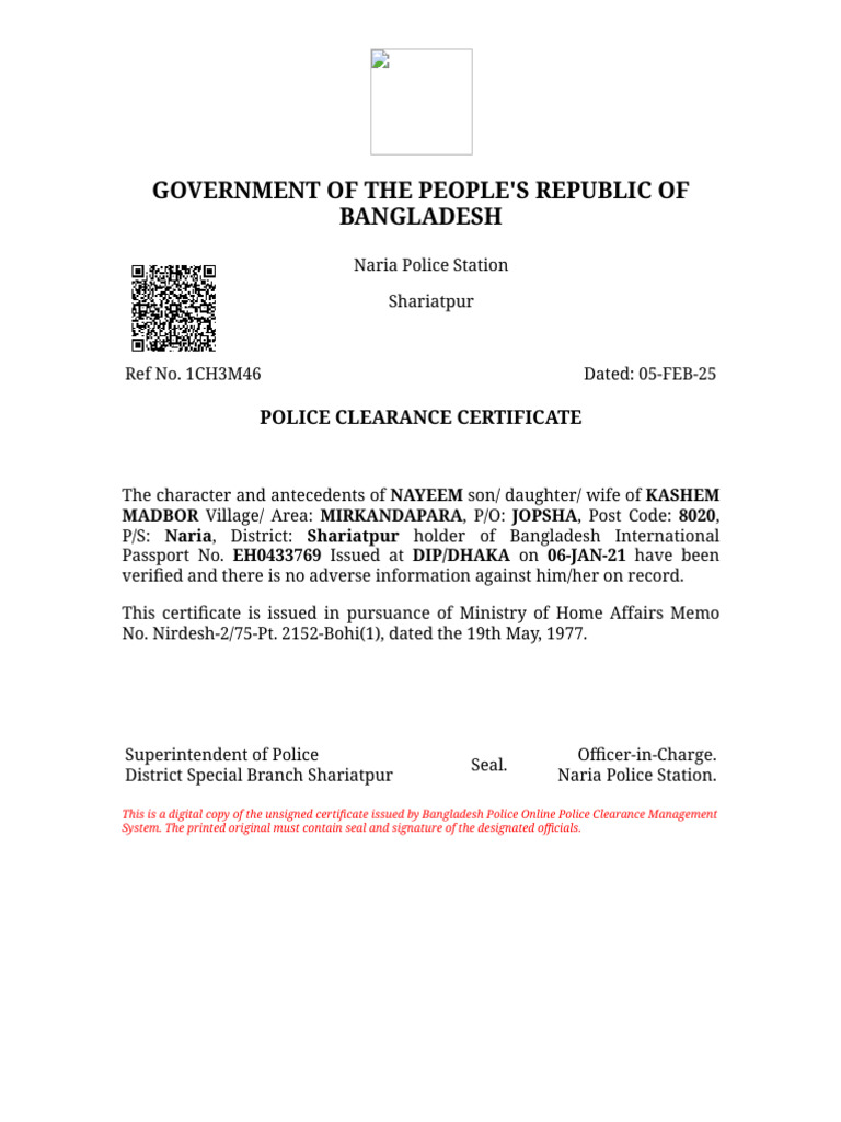 Government of The People'S Republic of Bangladesh: Police Clearance Certificate | PDF