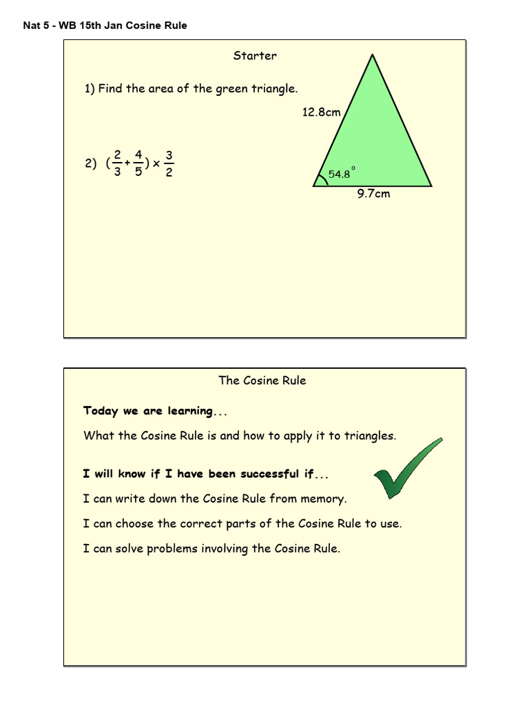 Cosine Rule for Nat 5 Trigonometry | PDF | Trigonometry | Angle