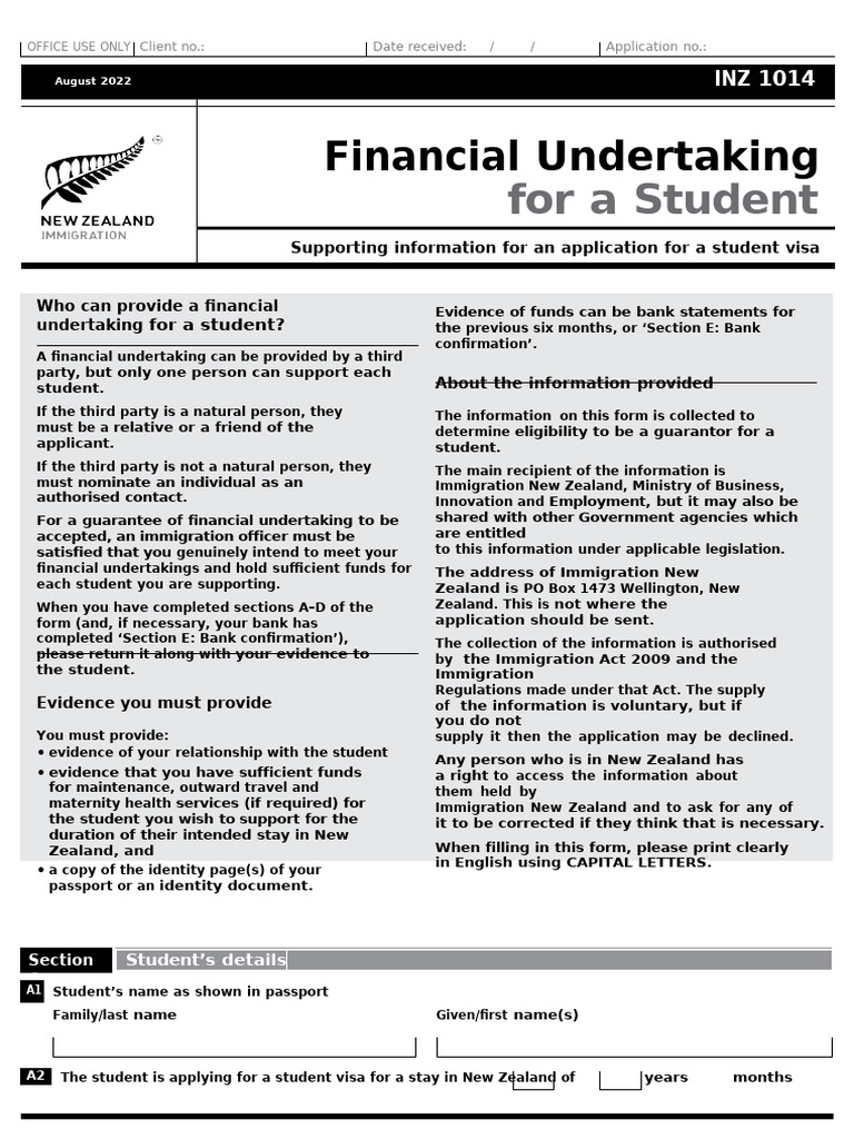 Financial Undertaking For A Student Form (INZ 1014) | PDF