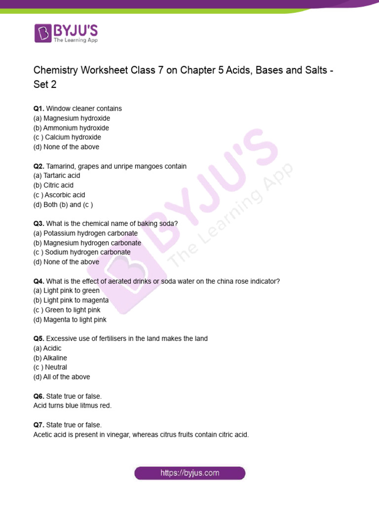 Chemistry Worksheet Class 7 on Chapter 5 Acids Bases and Salts Set 2.Docx 1 | PDF
