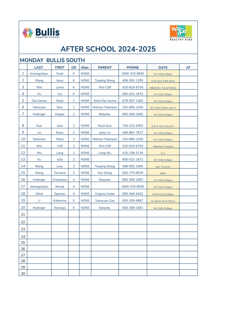 After School Schedule 2024-2025 | PDF
