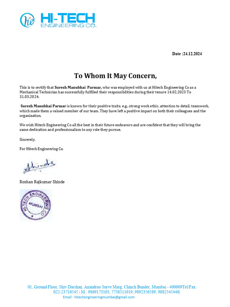 Suresh Parmar Experiance Letter | PDF