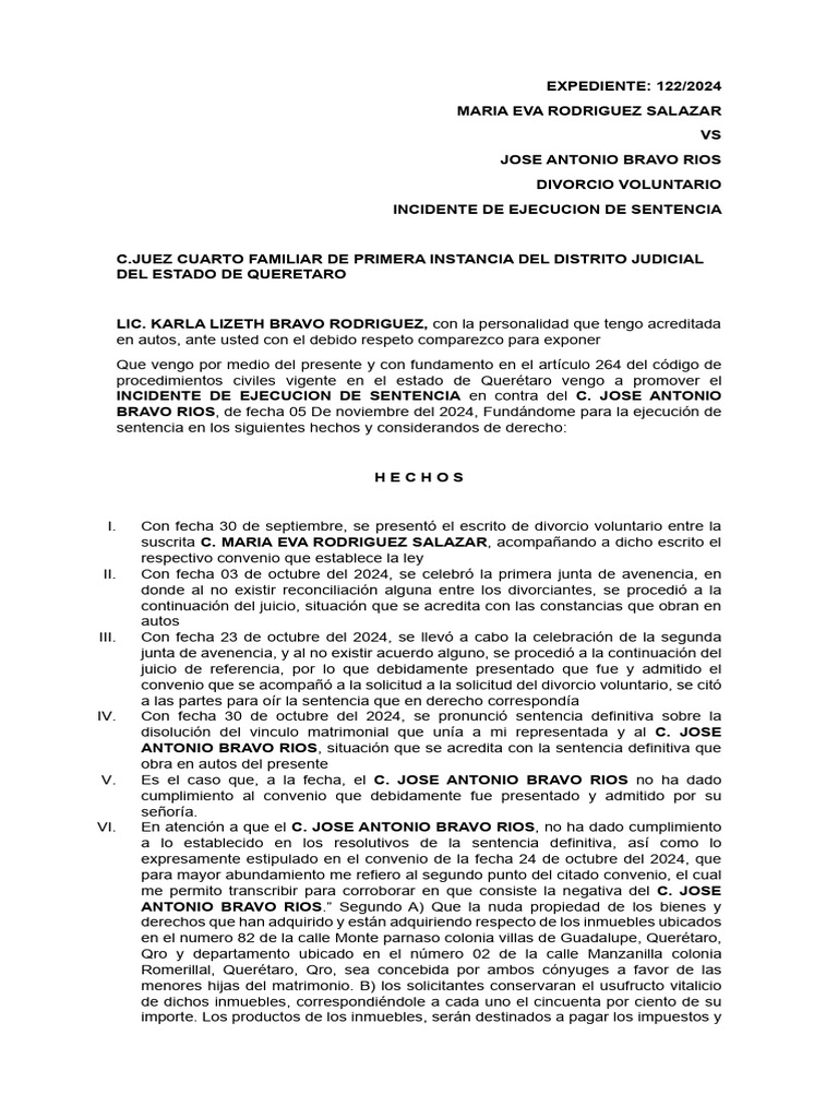 Incidente de Ejecucion de Sentencia | PDF | Divorcio | Justicia