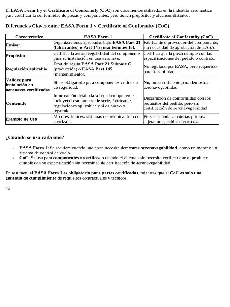 EASA Form 1 vs Certificate of Conformity | PDF | Aeronave | Aviación