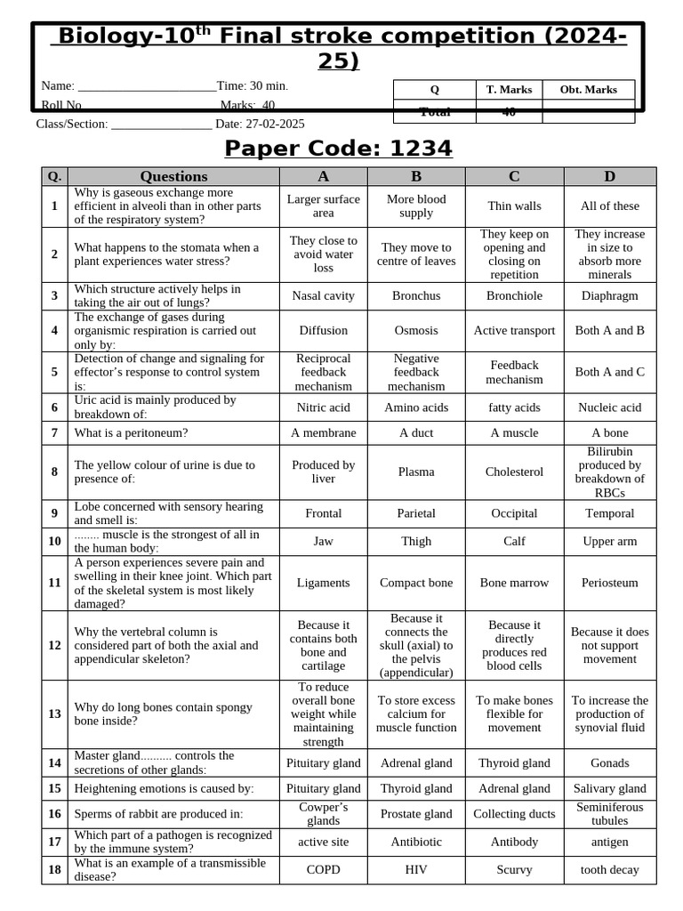 Biology Final Exam Questions 2025 | PDF | Dominance (Genetics) | Bone