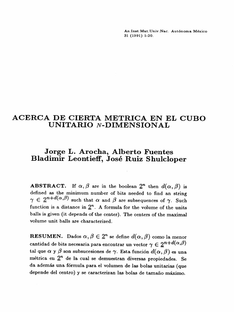 Acerca de Cierta Metrica en El Cubo Unitario N-Dimensional (Jorge L ...
