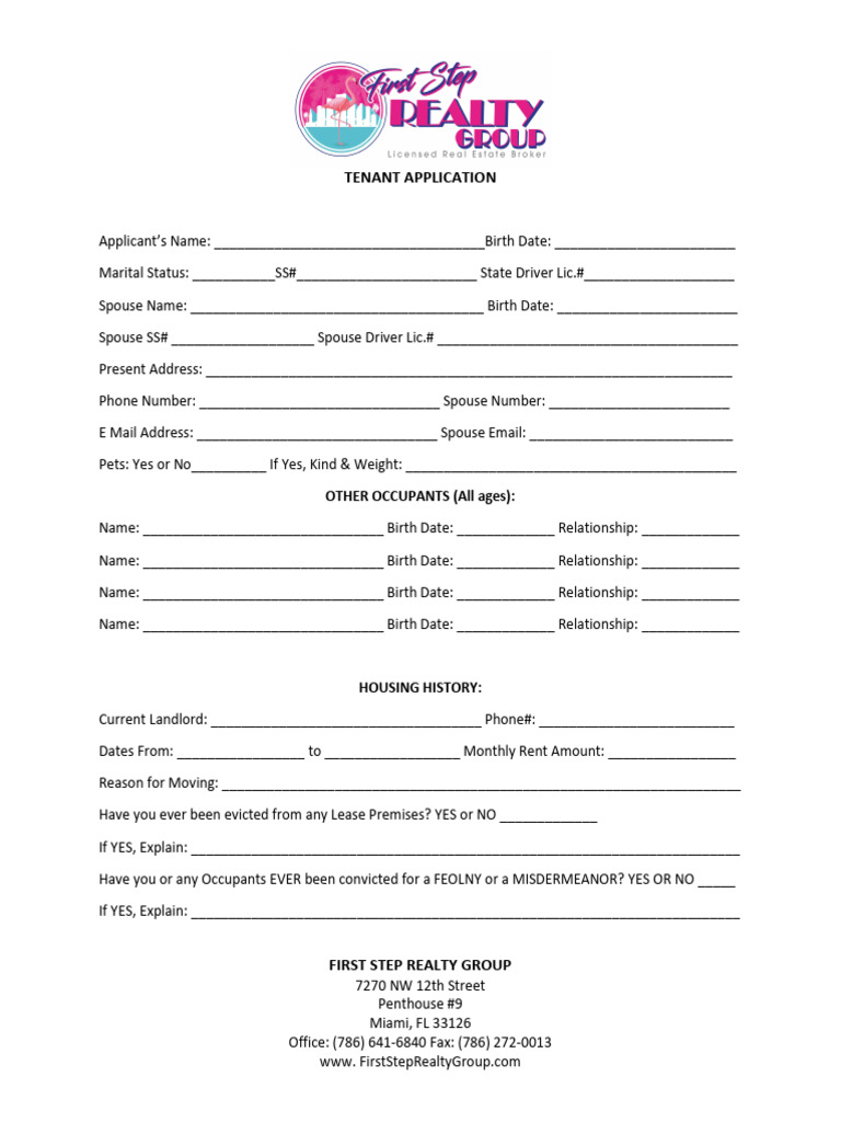 Tenant Application Form - First Step Realty | PDF | Leasehold Estate ...