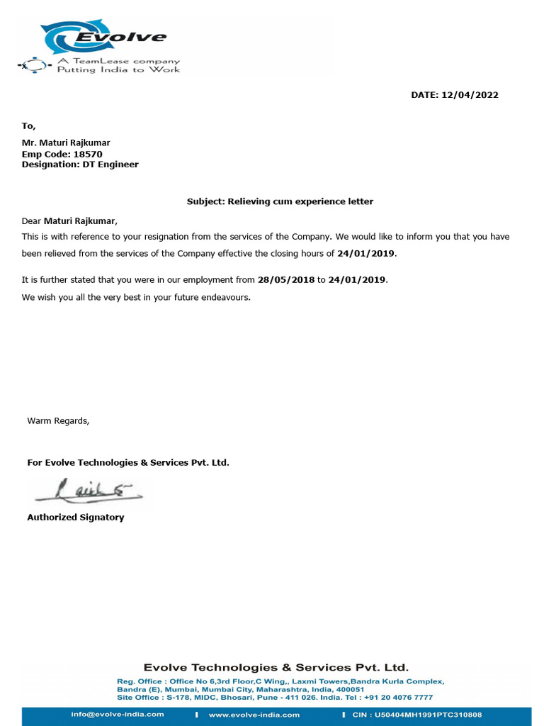 Relieving Letter Evolve - Maturi Rajkumar | PDF