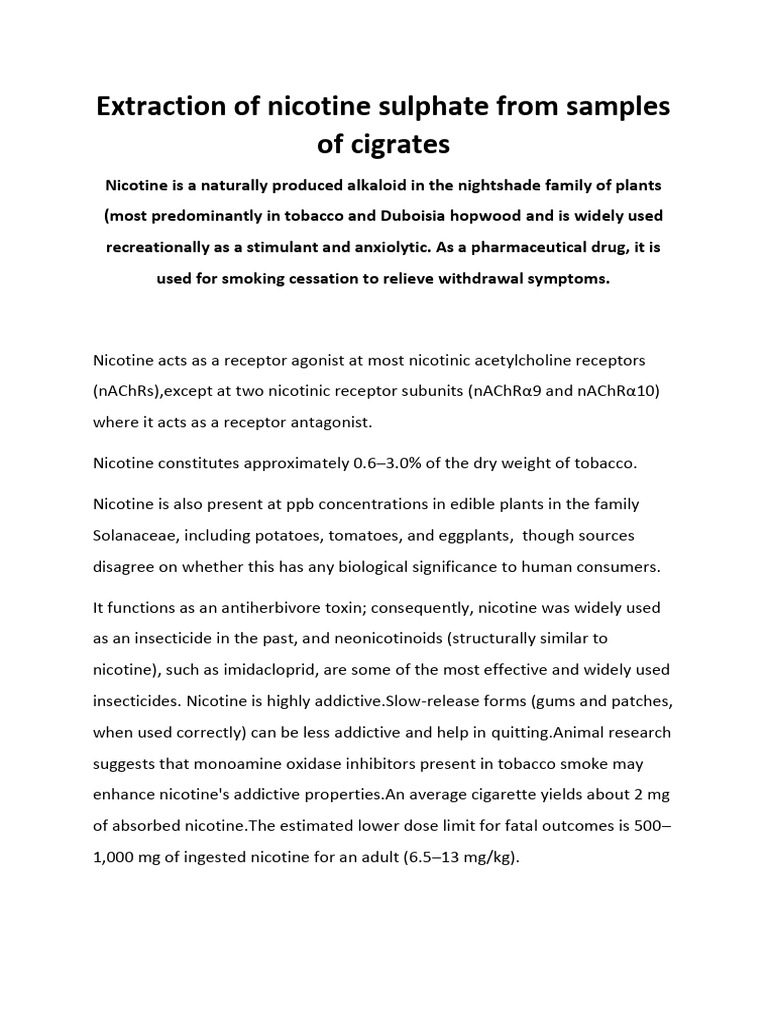 Extraction of Nicotine Sulphate From Samples of Cigrates 1 | PDF | Nicotine