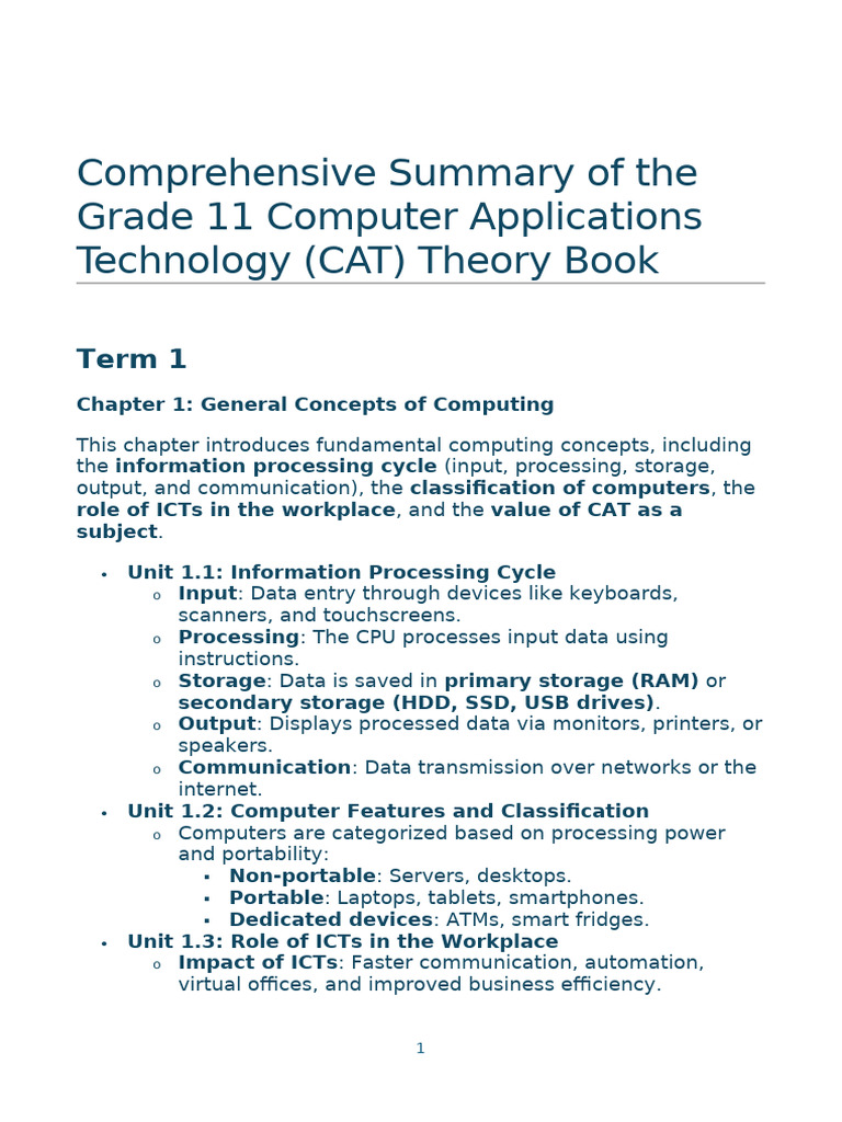 Comprehensive Summary of The Grade 11 Computer Applications Technology ...