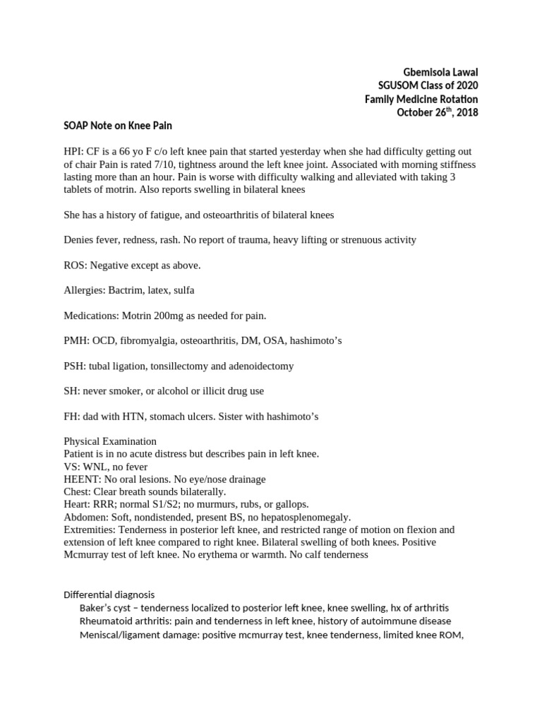 Knee Pain SOAP Note Example | PDF
