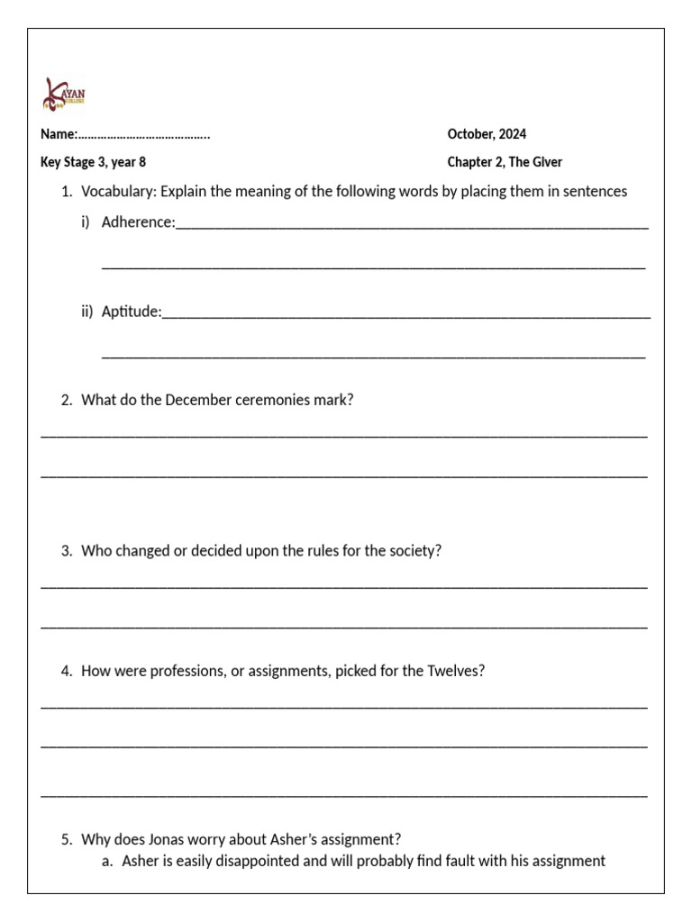 The Giver Chapter 2 Worksheet | PDF