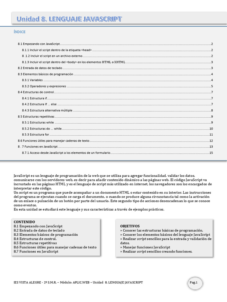 Unidad 8. Lenguaje Javascript - Aula | PDF | Script Java | Lenguaje de ...