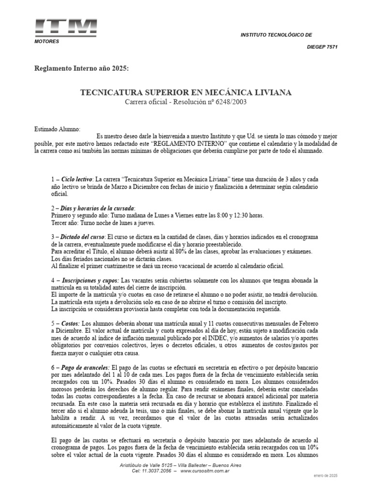 Reglamento Alumnos TSML 2025 Kepiro Matias | PDF