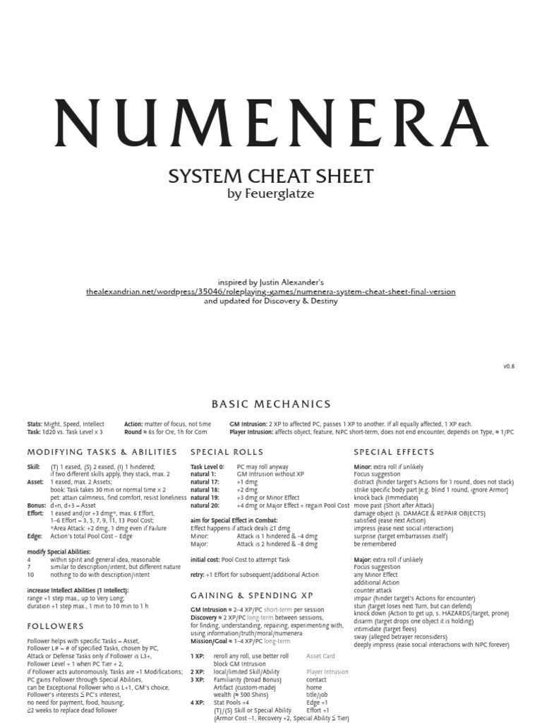 Numenera Cheat Sheet Discovery - Feuerglatze - 257 | PDF