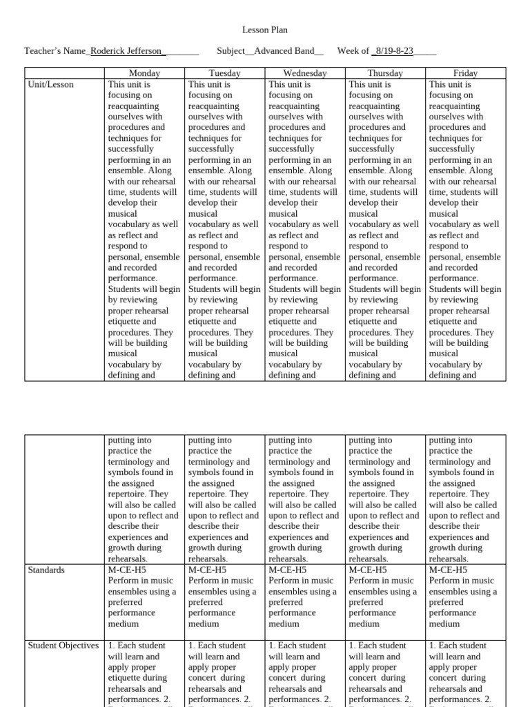 Advanced Band Lesson Plan Overview | PDF | Performing Arts | Elements ...