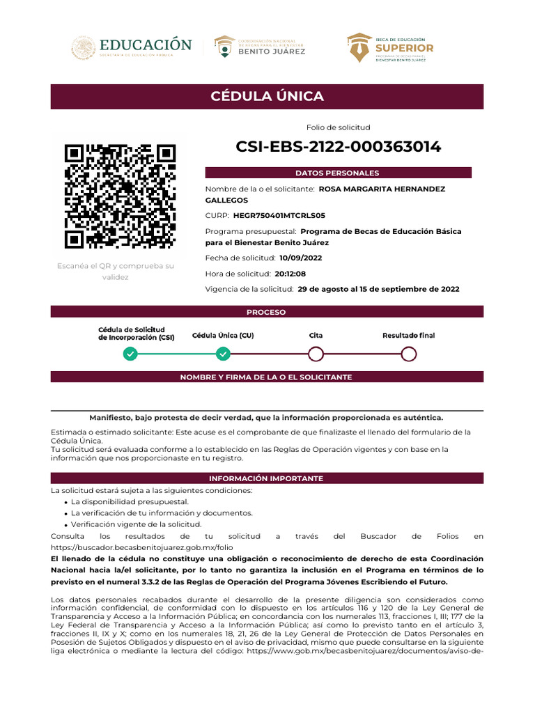 Acuse de Cedula Unica - CSI-EBS-2122-000363014 CARLOS | PDF