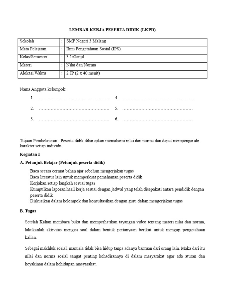 LKPD Nilai Dan Norma | PDF