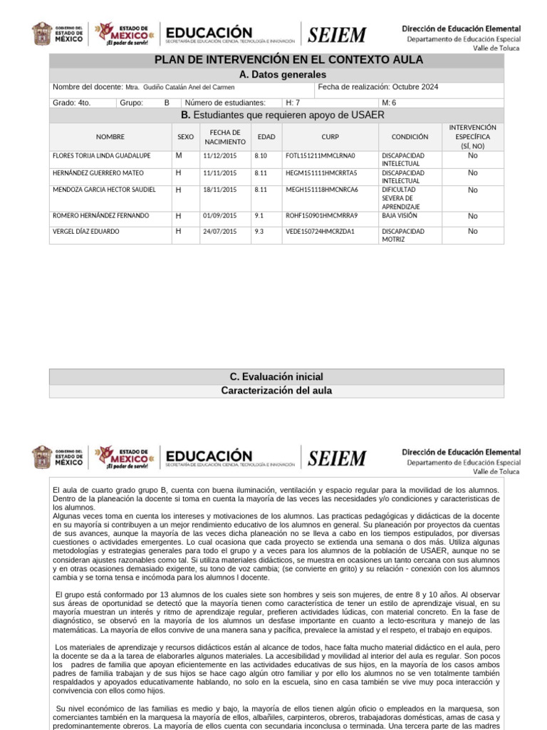 Plan de Intervención en El Contexto Aula Anel | PDF | Salón de clases | Maestros