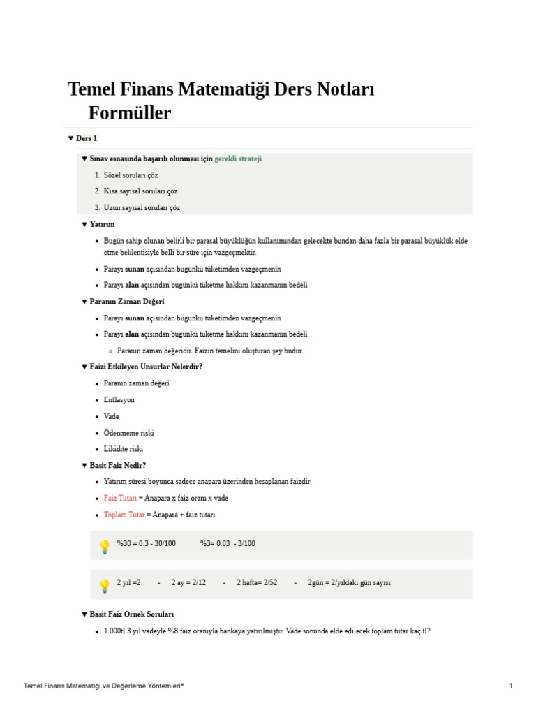 Temel Finans Matemati I Ders Notlar Ve Form Ller 1740329753 | PDF