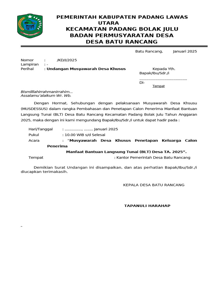 Undangan MUSDES BLT Desa Tahun 2025 | PDF