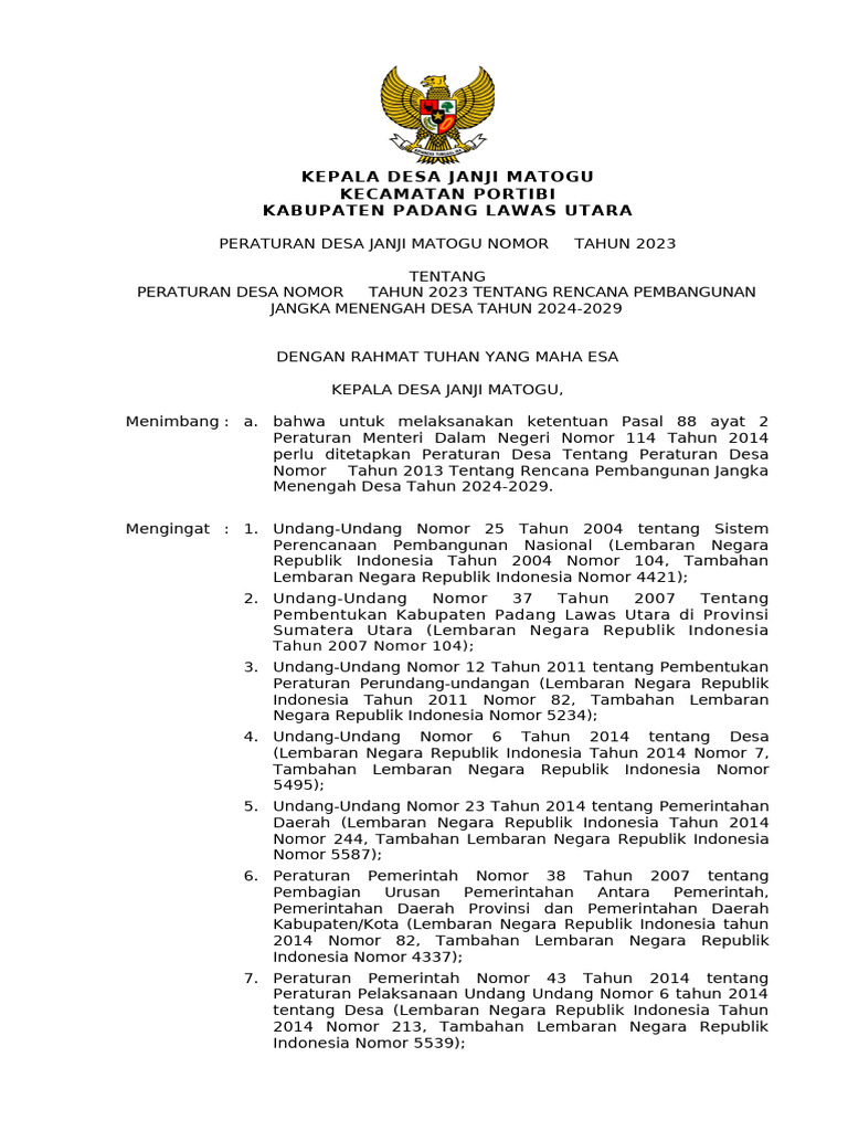 RPJM Desa Janji Matogu 2024-2029 | PDF
