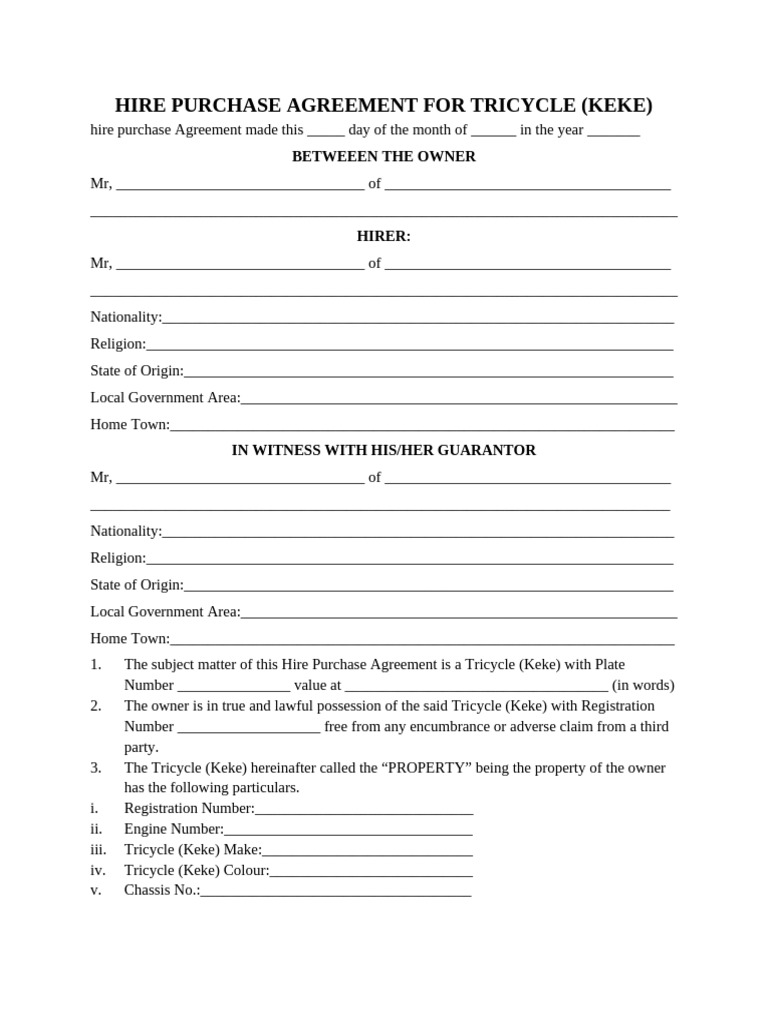 Keke Hire Purchase Agreement Template | PDF