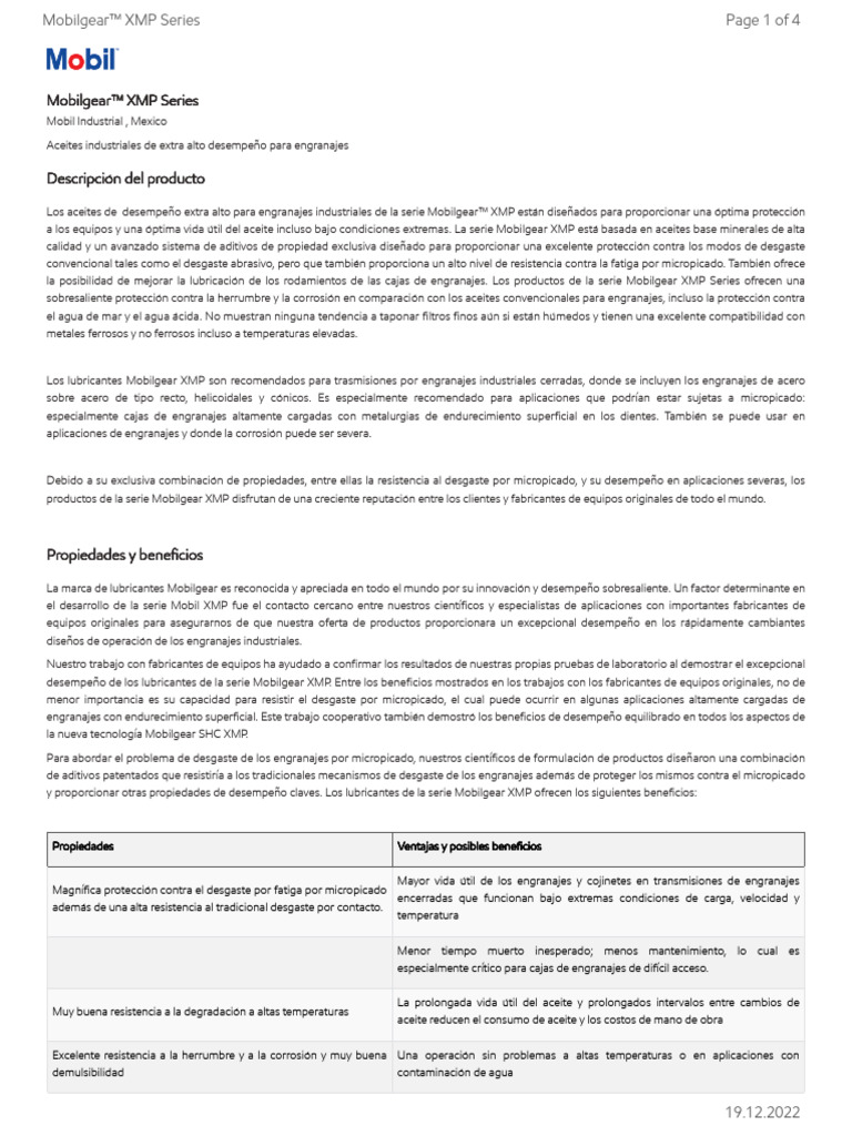 GL XX Mobilgear XMP Series | PDF | Engranaje | Lubricante