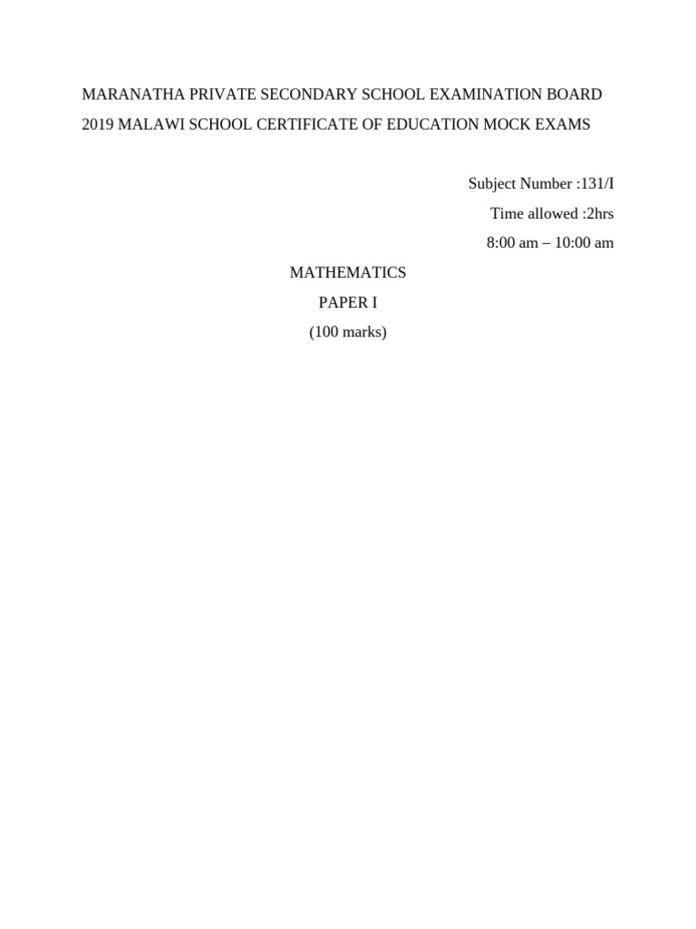 2019 Malawi MSCE Mathematics Mock Exam | PDF | Circle | Euclidean Geometry